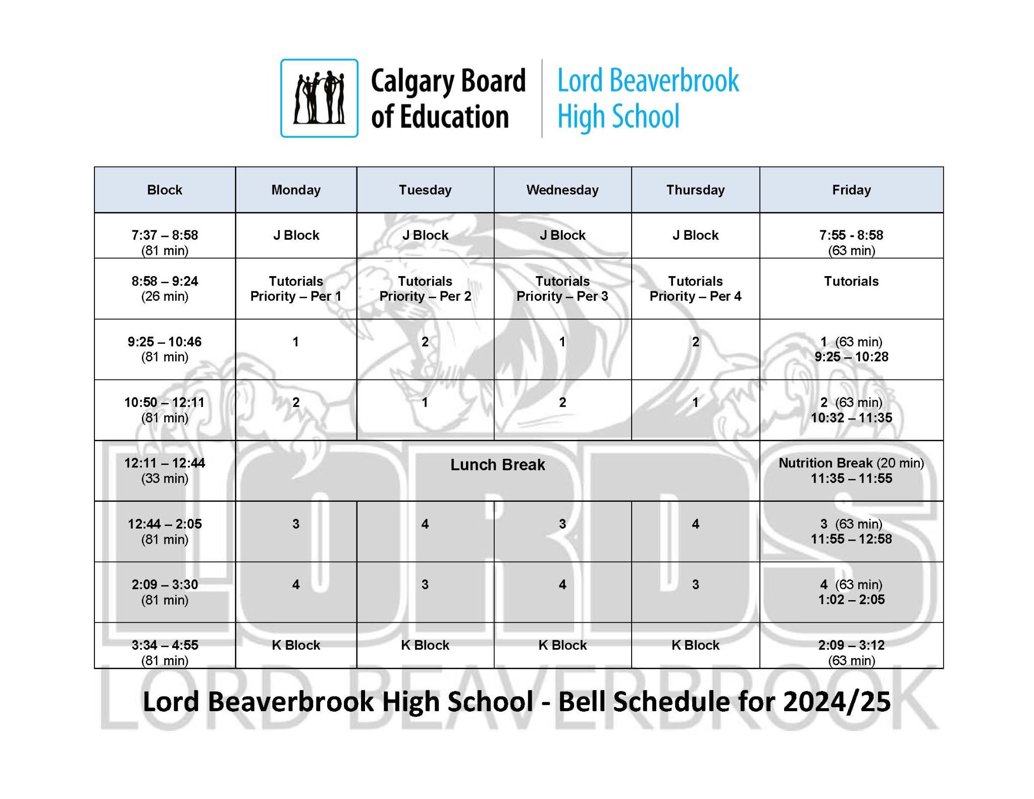 Office Hours & Bell Times - Lord Beaverbrook High School